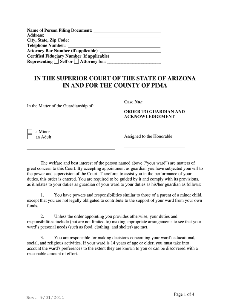 Fillable Online sc pima General Order to Guardian and Acknowledgement ...
