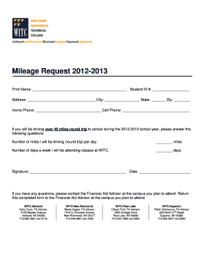 Fillable Online witc Mileage Request 2012-2013 Fax Email Print - pdfFiller