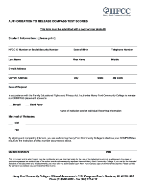 Fillable Online hfcc Authorization to Release Compass Test Score Form ...