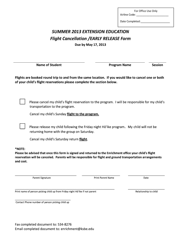 Fillable Online apps ksbe Flight Cancellation/Early Release Form Fax ...