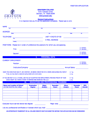 Fillable Online grayson POSITION APPLICATION GRAYSON COLLEGE 6101 ...