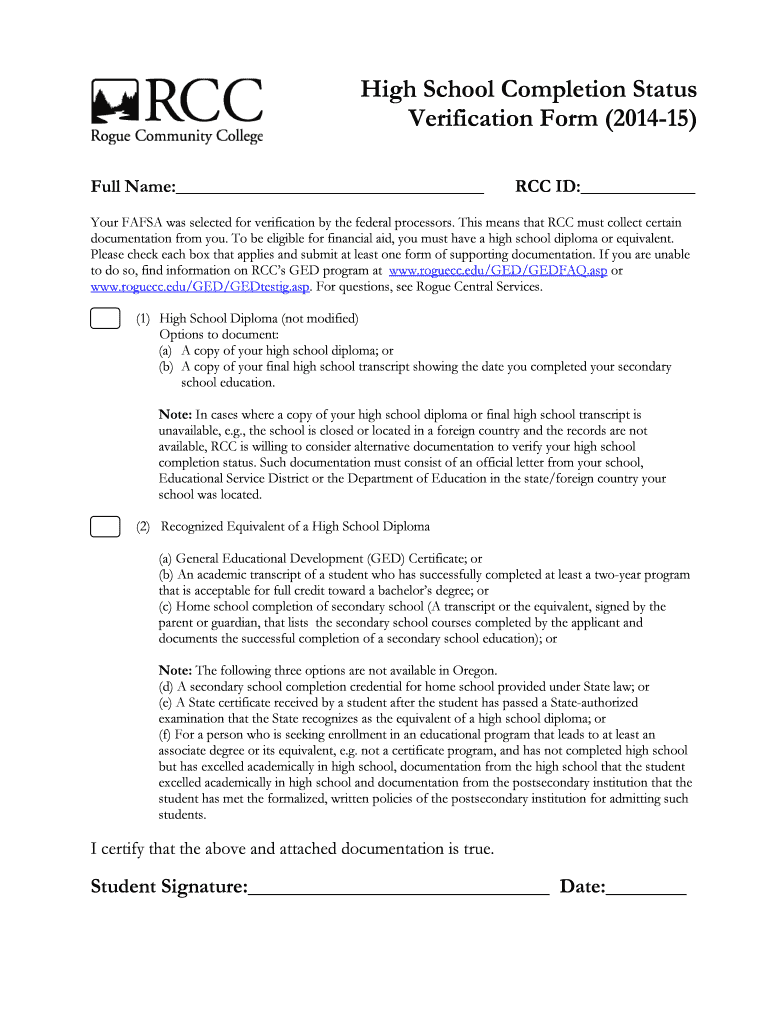 Fillable Online roguecc High School Completion Status Verification Form ... - Roguecc.edu Fax ...