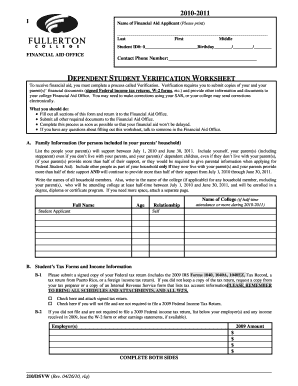 Fillable Online DEPENDENT STUDENT VERIFICATION WORKSHEET - Financial Aid Fax Email Print - pdfFiller