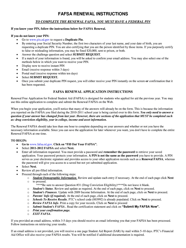 Fillable Online FAFSA RENEWAL INSTRUCTIONS Fax Email Print - pdfFiller