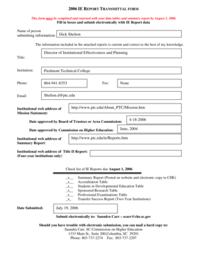 Fillable Online ptc 2006 IE REPORT TRANSMITTAL FORM - Piedmont ...