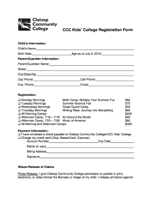 Fillable Online clatsopcc CCC Kids' College Registration Form - Clatsop ...