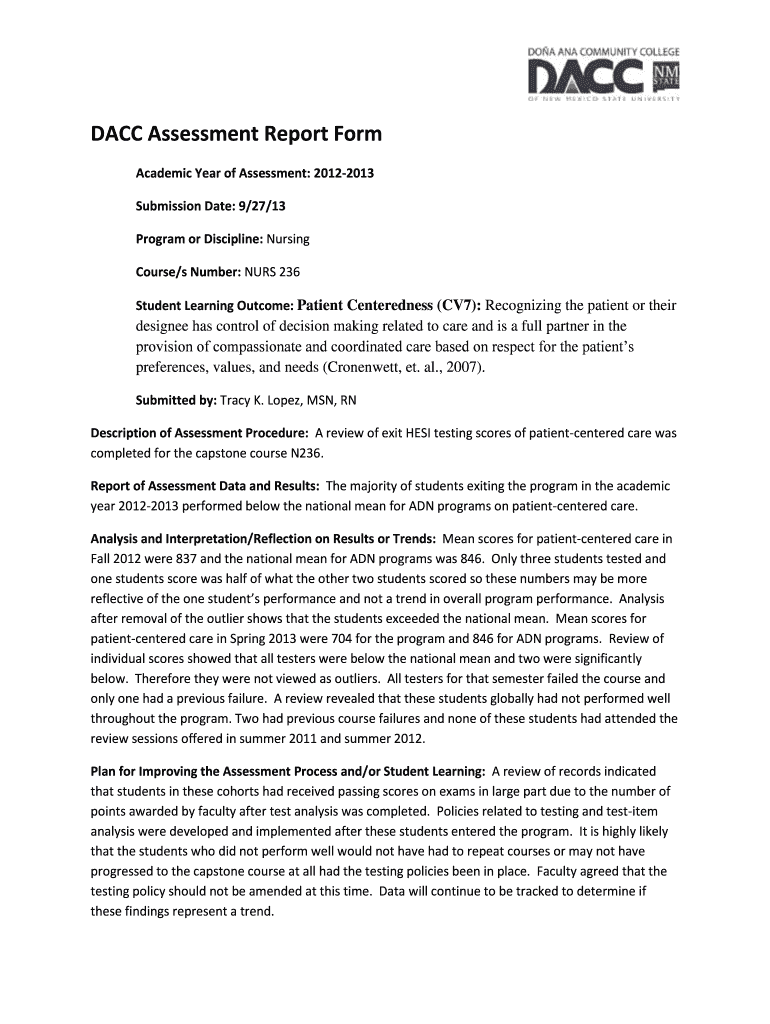 Fillable Online DACC Assessment Report Form Academic Year of Assessment ...