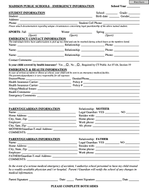 Fillable Online madison k12 ct Emergency Information Form - Madison ...