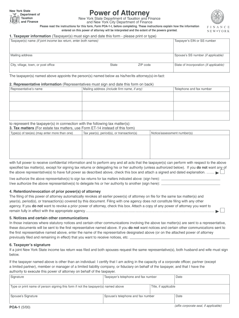 Fillable Online Form POA-1: May 2000, Power of Attorney, POA1 Fax Email ...