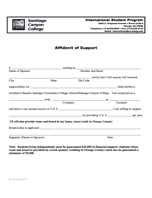 Fillable Online sccollege Affidavit of Support 2013 - Santiago Canyon ...
