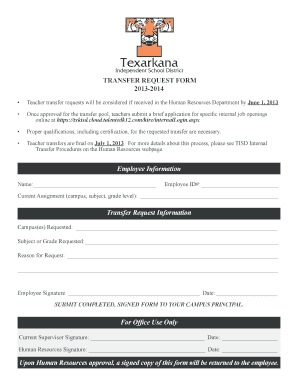 Fillable Online Transfer requesT form 2013-2014 Employee Information ...