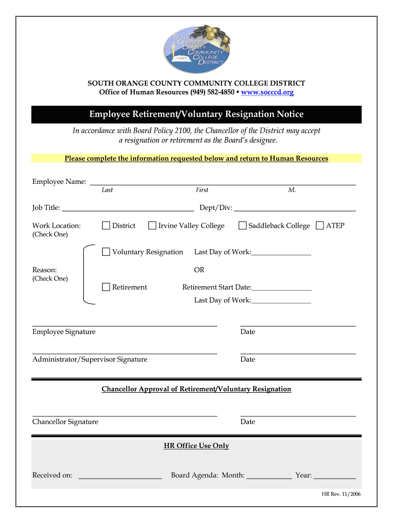 Fillable Online Retirement/Voluntary Resignation form - SOCCCD Fax ...