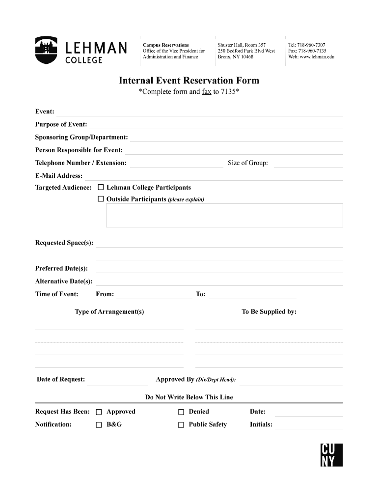 Fillable Online lehman Internal Event Reservation Form (PDF) - Lehman College Fax Email Print ...