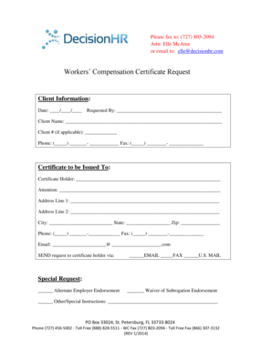 Fillable Online WC Certificate Request Form - DecisionHR Fax Email ...
