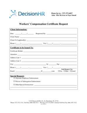 Fillable Online Workers' Compensation Certificate Request - DecisionHR ...