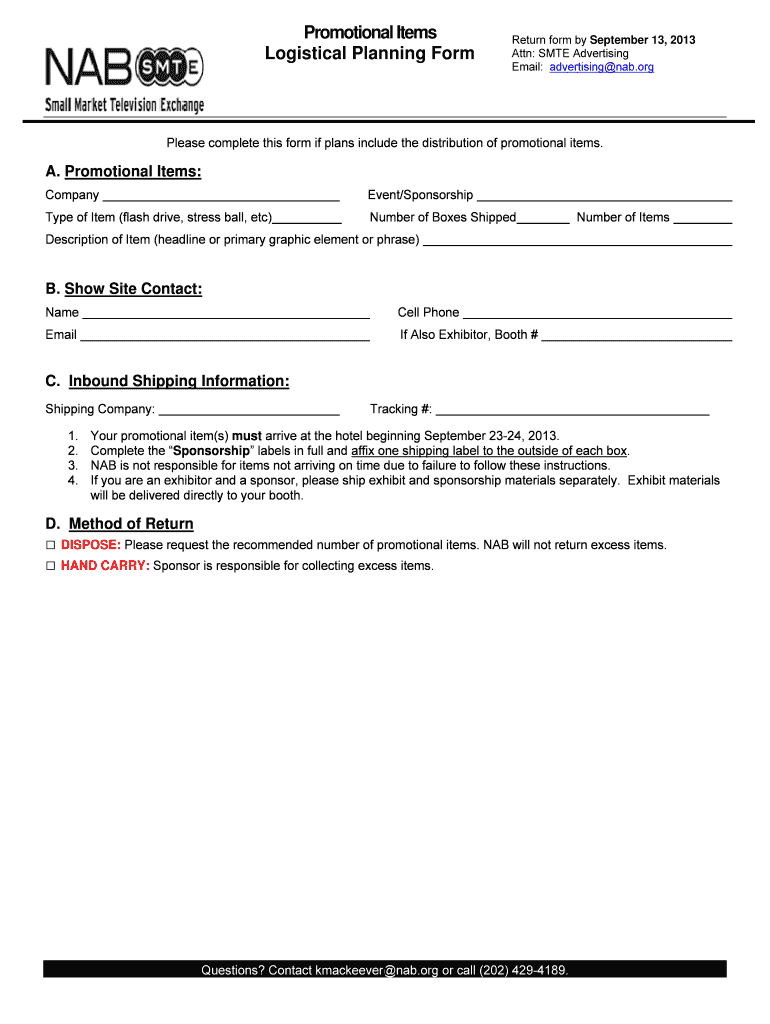 Fillable Online nab Complete the Promotional Items Logistical Planning ...