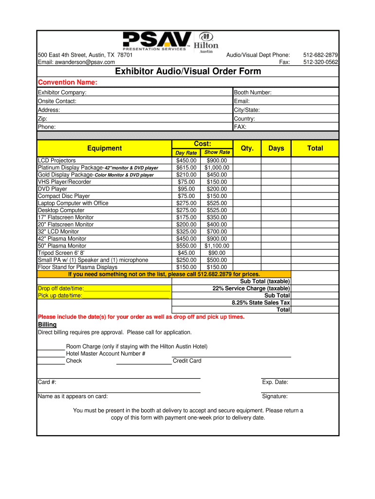 Fillable Online nab Exhibitor Audio/Visual Order Form - NAB - nab Fax ...