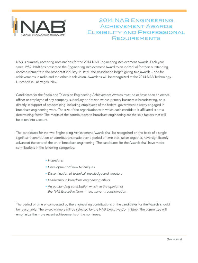 Fillable Online nab 2014 Engineering Achievement Award Nomination Form ...