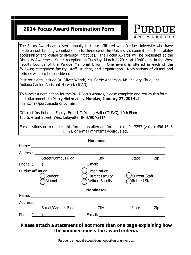 Fillable Online purdue 2014 Focus Award Nomination Form - Purdue ...