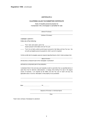 Fillable Online boe ca CERTIFICATE A CALIFORNIA SALES TAX EXEMPTION ...