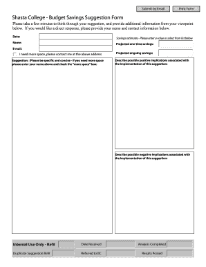 Fillable Online Shasta College - Budget Savings Suggestion Form Fax ...