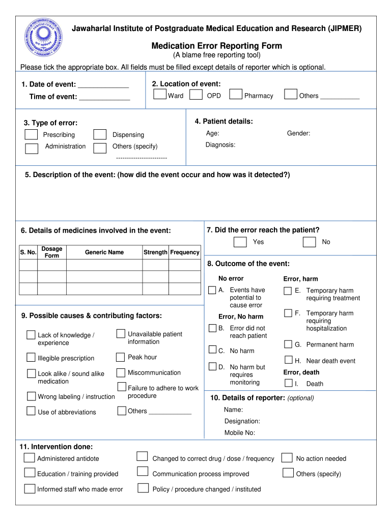 India JIPMER Medication Error Reporting Form Fill And Sign Printable 