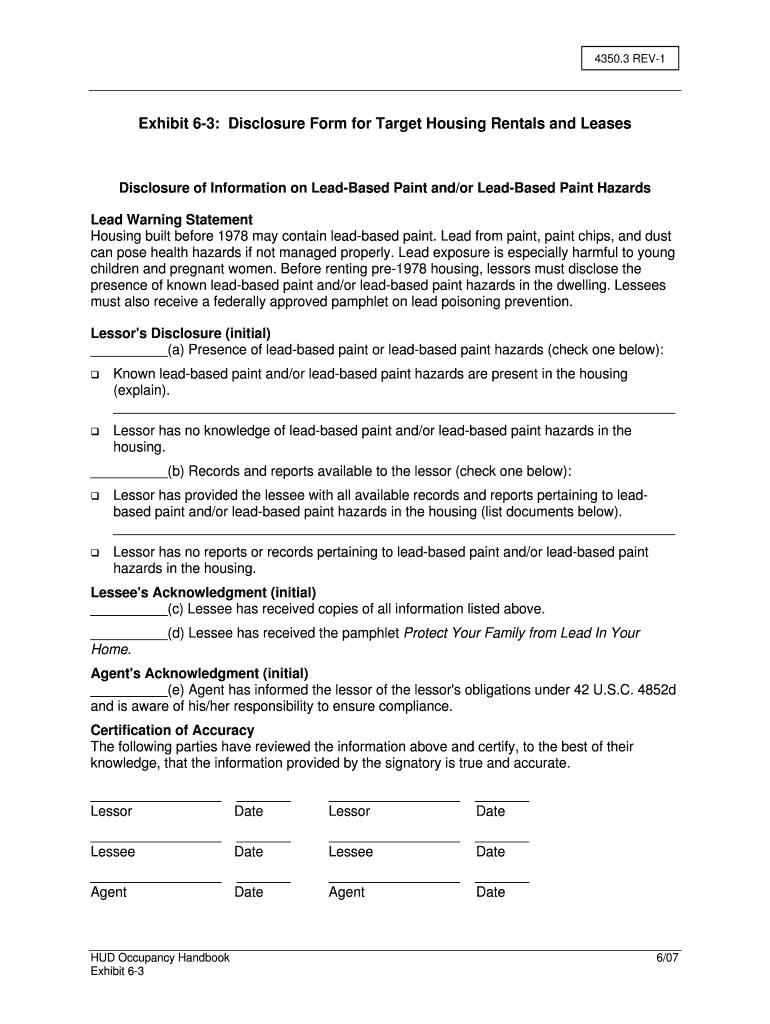 Fillable Online Exhibit 6-3: Disclosure Form for Target Housing Rentals and ... - HUD Fax Email ...