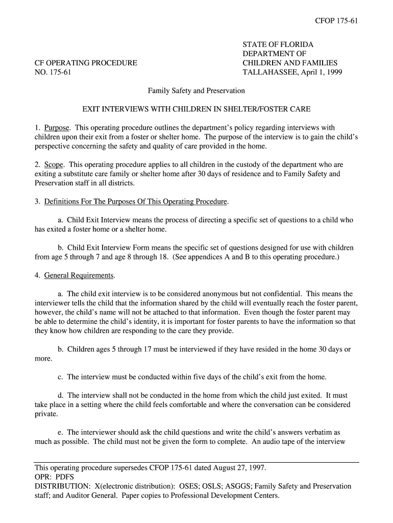 Fillable Online Exit Interviews with Children in ShelterFoster Care ...