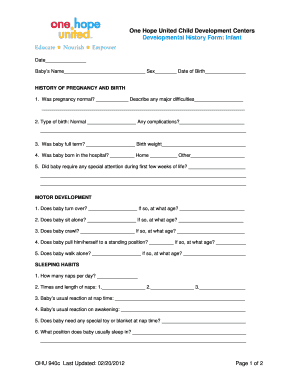 Fillable Online Infant Developmental History Form - One Hope United Fax ...