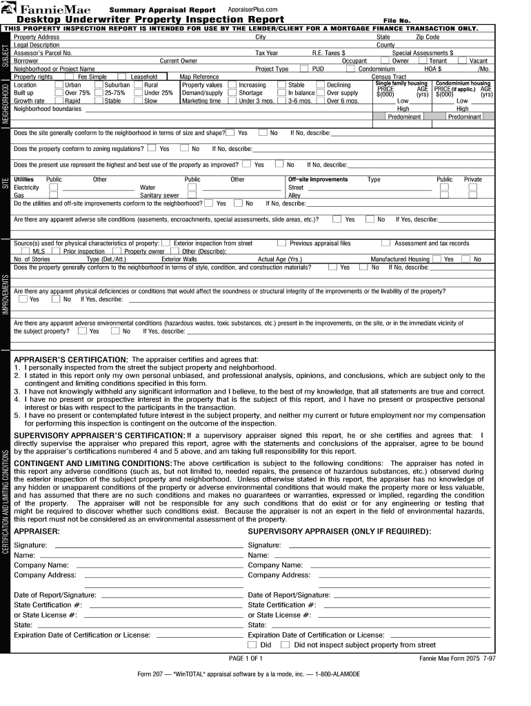Fillable Online Desktop Underwriter Property Inspection Report ...
