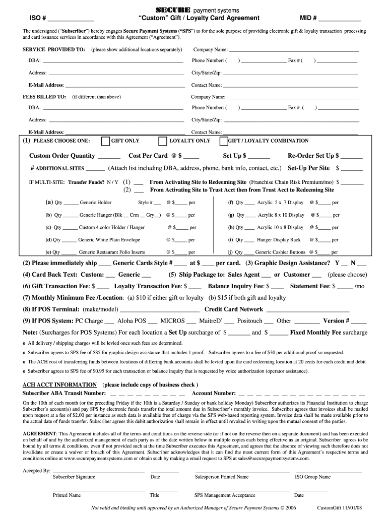 Fillable Online Custom Gift Loyalty Card Agreement Fax Email Print ...