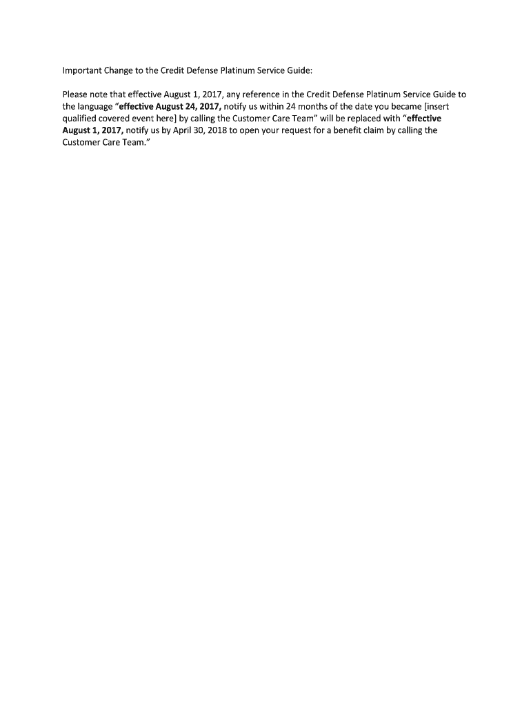 Fillable Online Important Change to the Credit Defense Platinum Service ...