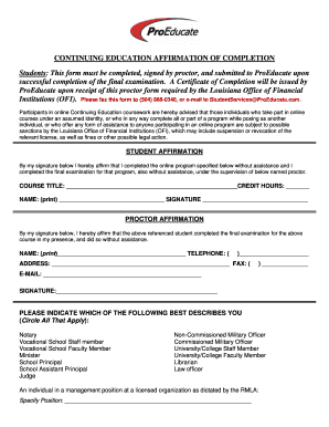 Fillable Online Continuing education affirmation of completion - ProEducate Fax Email Print ...