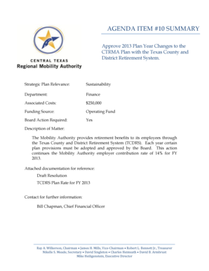 Fillable Online AGENDA ITEM #10 SUMMARY Approve 2013 Plan Year Changes ...