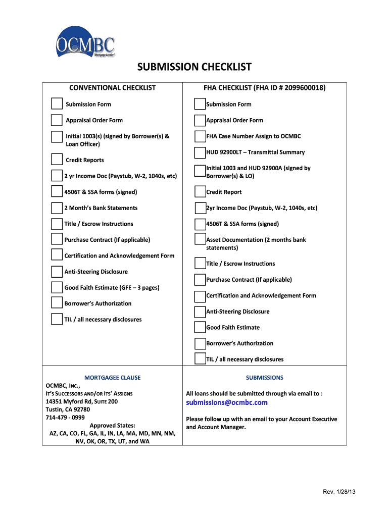 Fillable Online Submission Checklist Form - OCMBancorp.com Fax Email ...