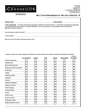 Fillable Online schools cranbrook Math Teacher Recommendation Form - Cranbrook Schools Fax Email ...
