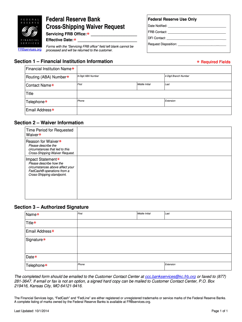 Fillable Online frbservices Federal Reserve Banks Cross-Shipping Waiver ...