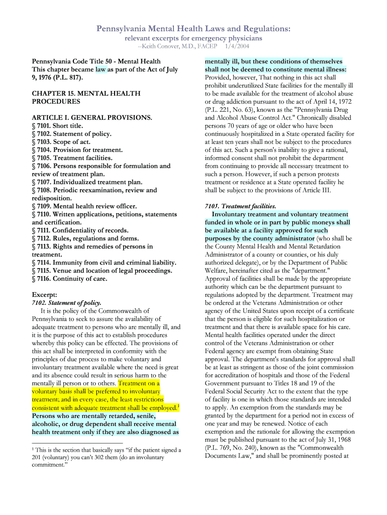 Fillable Online Pennsylvania Mental Health Laws and Regulations: Fax ...