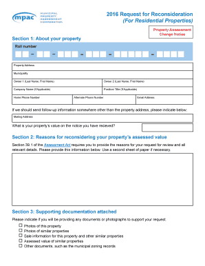 Fillable Online 2016 Request for Reconsideration Residential 2016 ...