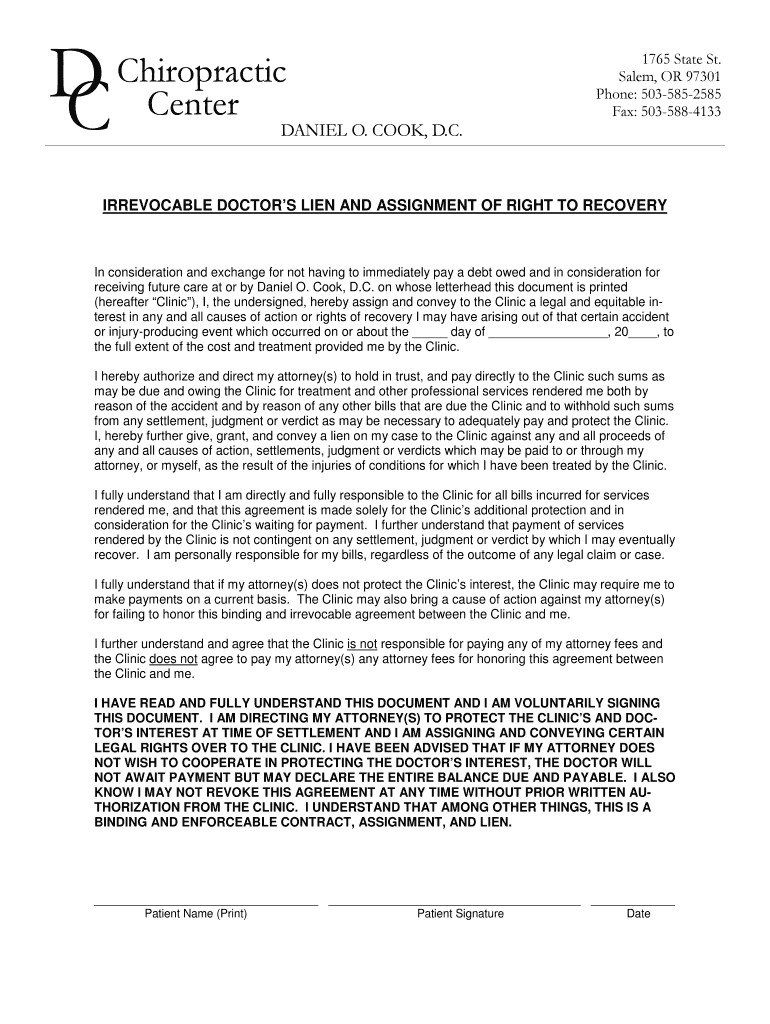 Fillable Online IRREVOCABLE DOCTORS LIEN AND ASSIGNMENT OF RIGHT TO RECOVERY Fax Email Print ...