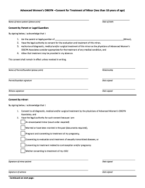 Fillable Online Advanced Women's OBGYN --Consent for Treatment of Minor ...