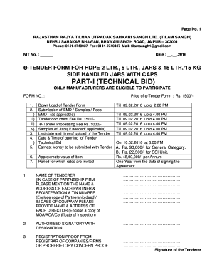 Fillable Online E-TENDER FORM FOR HDPE 2 LTR 5 LTR JARS amp 15 LTR15 ...