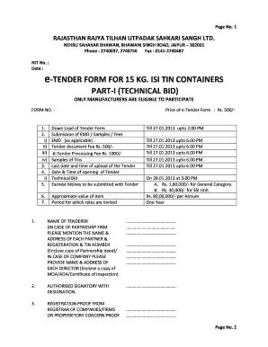 Fillable Online E-TENDER FORM FOR 15 KG. ISI TIN CONTAINERS ... - Tilam Sangh Fax Email Print ...