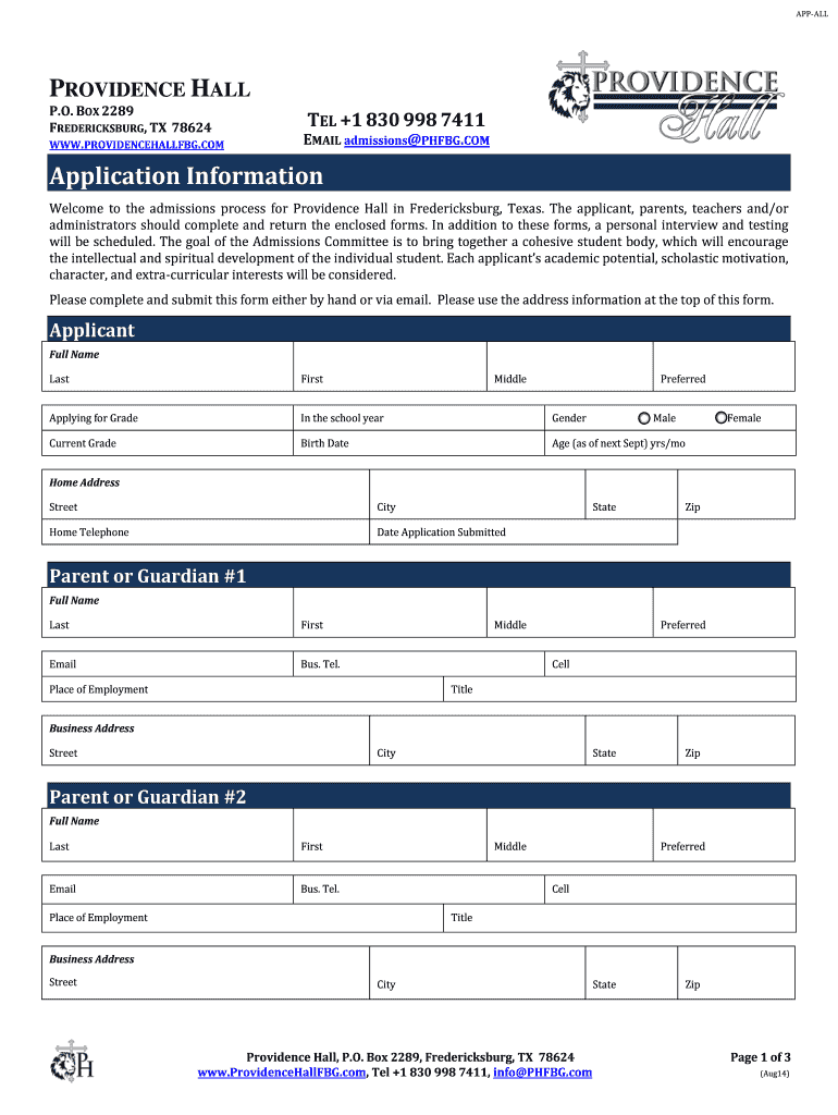 Fillable Online Application Form - Providence Hall Private School in ...