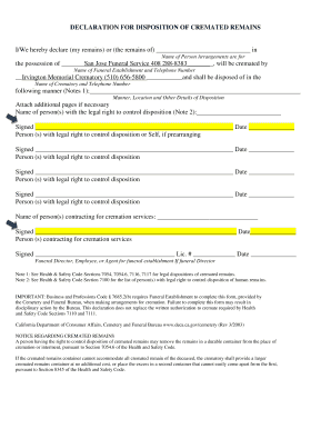Fillable Online Declaration for disposition of cremated remains - San ...
