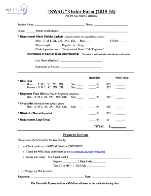 Fillable Online whsband SWAG Order Form (2015-16) - whsband Fax Email ...