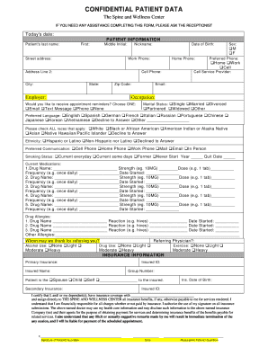 Fillable Online spineandwellness CONFIDENTIAL PATIENT DATA The Spine ...