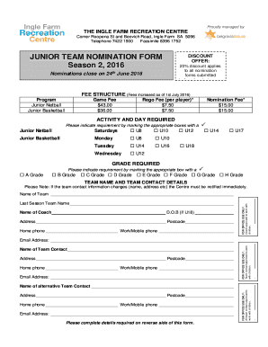 Fillable Online JUNIOR TEAM NOMINATION FORM DISCOUNT Season 2 2016 Fax Email Print - pdfFiller