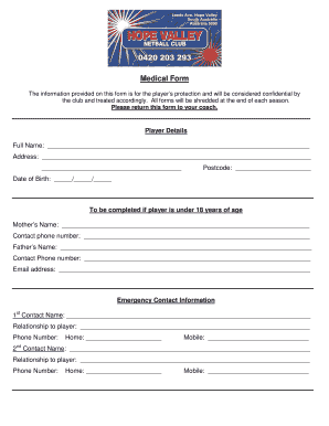 Fillable Online Medical Form - Hope Valley Netball Club Fax Email Print ...