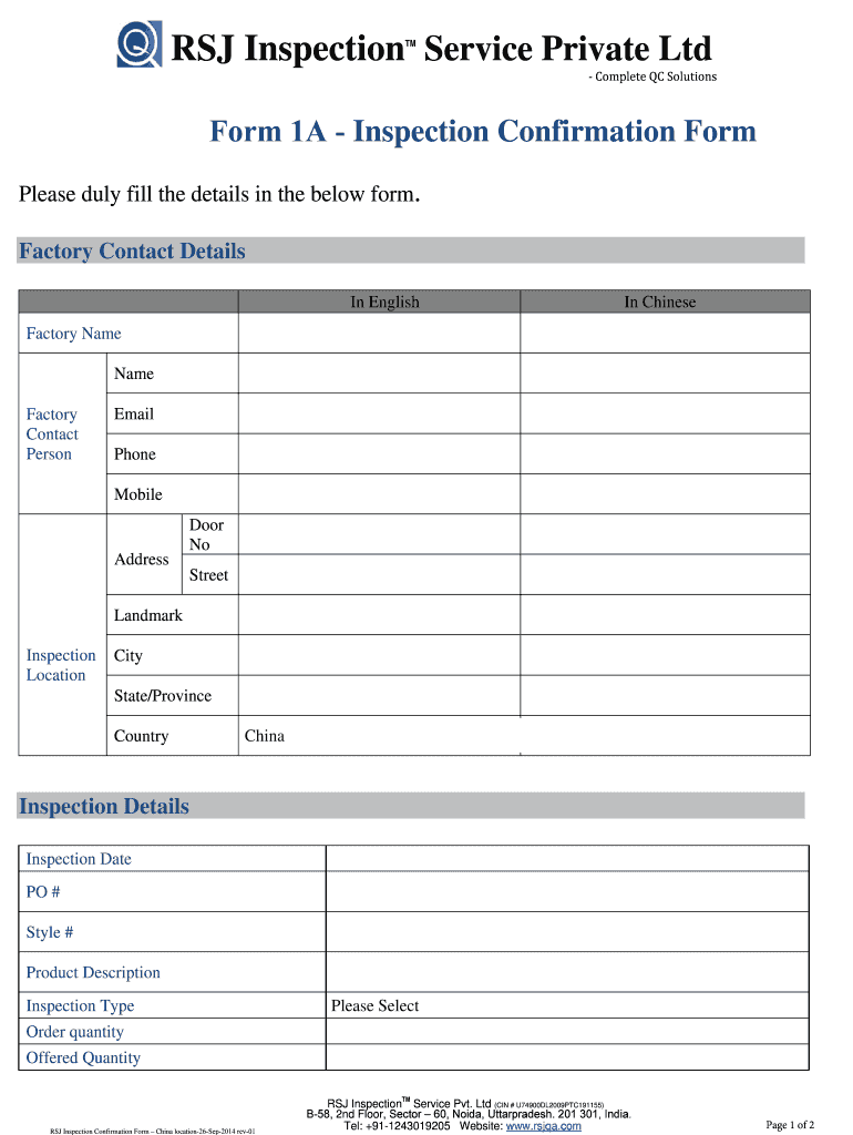 Fillable Online RSJ-Inspection Confirmation Form China Location ...